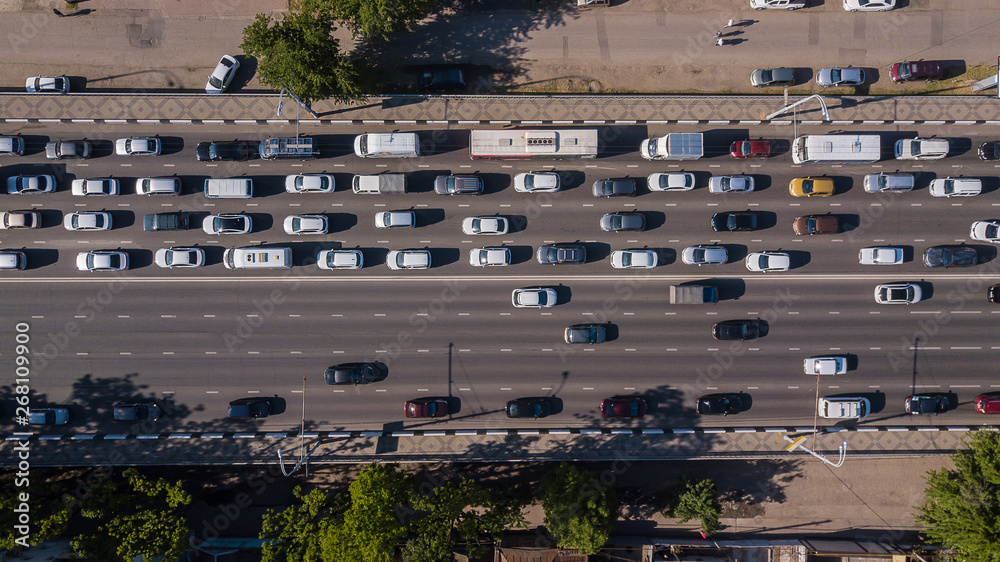 Top down aerial view of urban city traffic jam rush hour highway. Stock ...