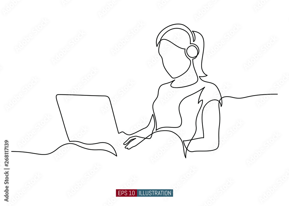 Continuous line drawing of girl with laptop. Template for your design ...