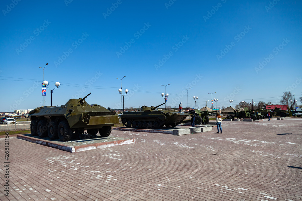 Military equipment on the monument in honor of the memory of the war ...