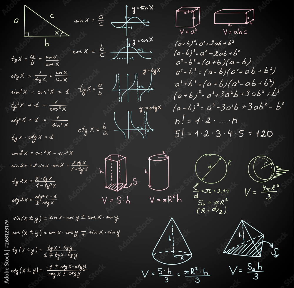 Chalkboard mathematical vector pattern with geometrical figures and ...