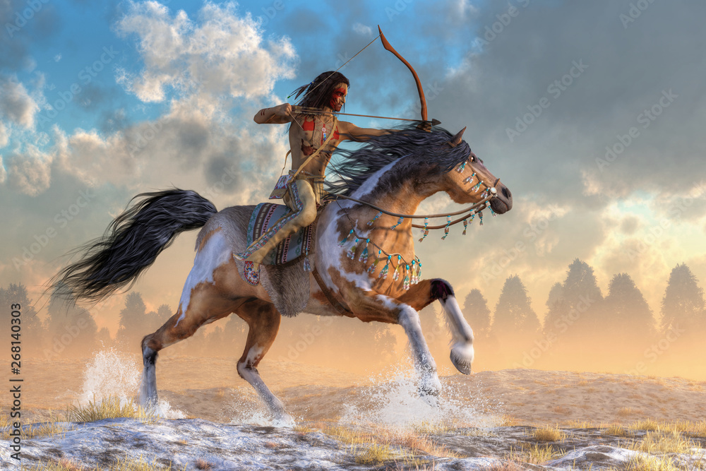 An American Indian of the western plains draws his bow as his horse ...