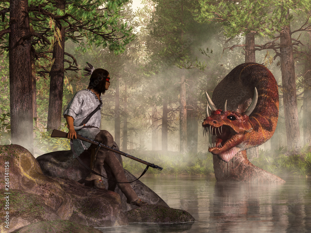 A Native American Warrior carrying a flintlock musket faces Uktena, the ...