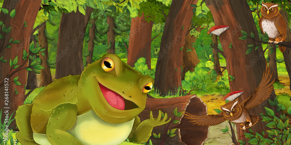 cartoon scene with happy frog in the forest encountering pair of owls ...