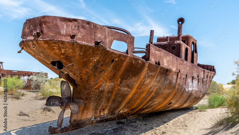 An abandonned ship in the Desert of the Former Aral Sea the former ...
