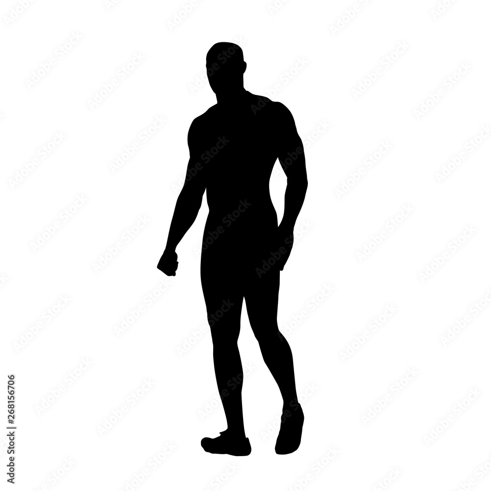 Strong man walking, isolated vector silhouette. Hero with big muscles ...