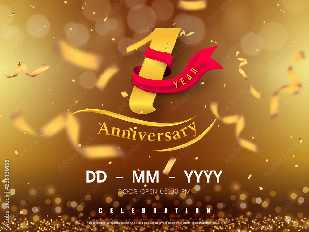 1 years anniversary logo template on gold background. 1st celebrating ...