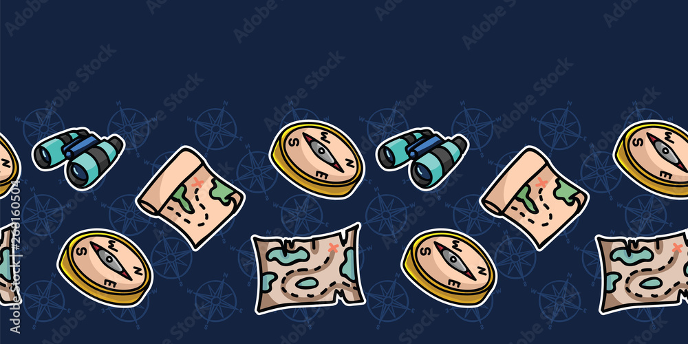 Cute travelling map equipment cartoon seamless vector border. Hand ...