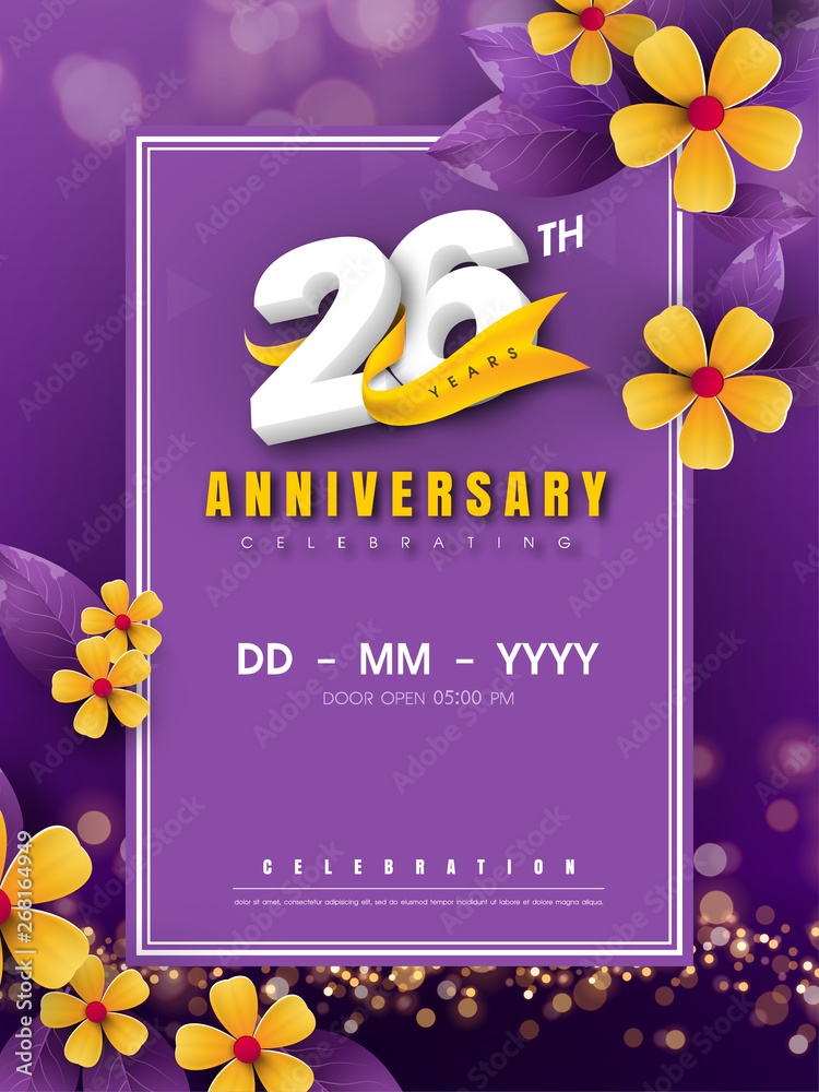 26 years anniversary logo template on golden flower and purple ...
