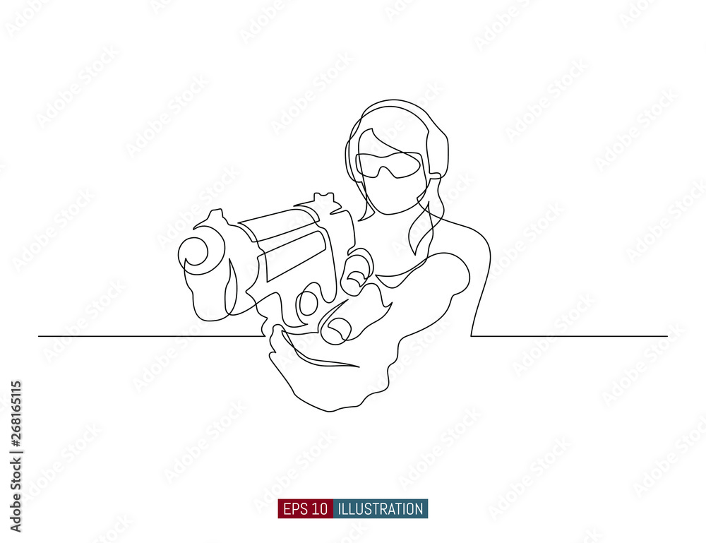 Continuous line drawing of girl with a gun in shooting range. Template ...