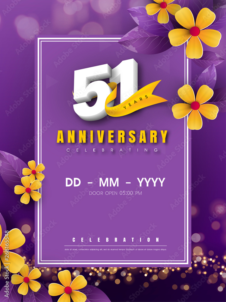 51 years anniversary logo template on golden flower and purple ...