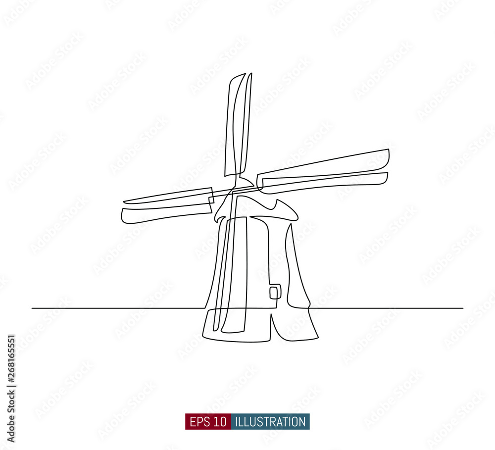 Continuous line drawing of vintage windmill. Template for your design ...