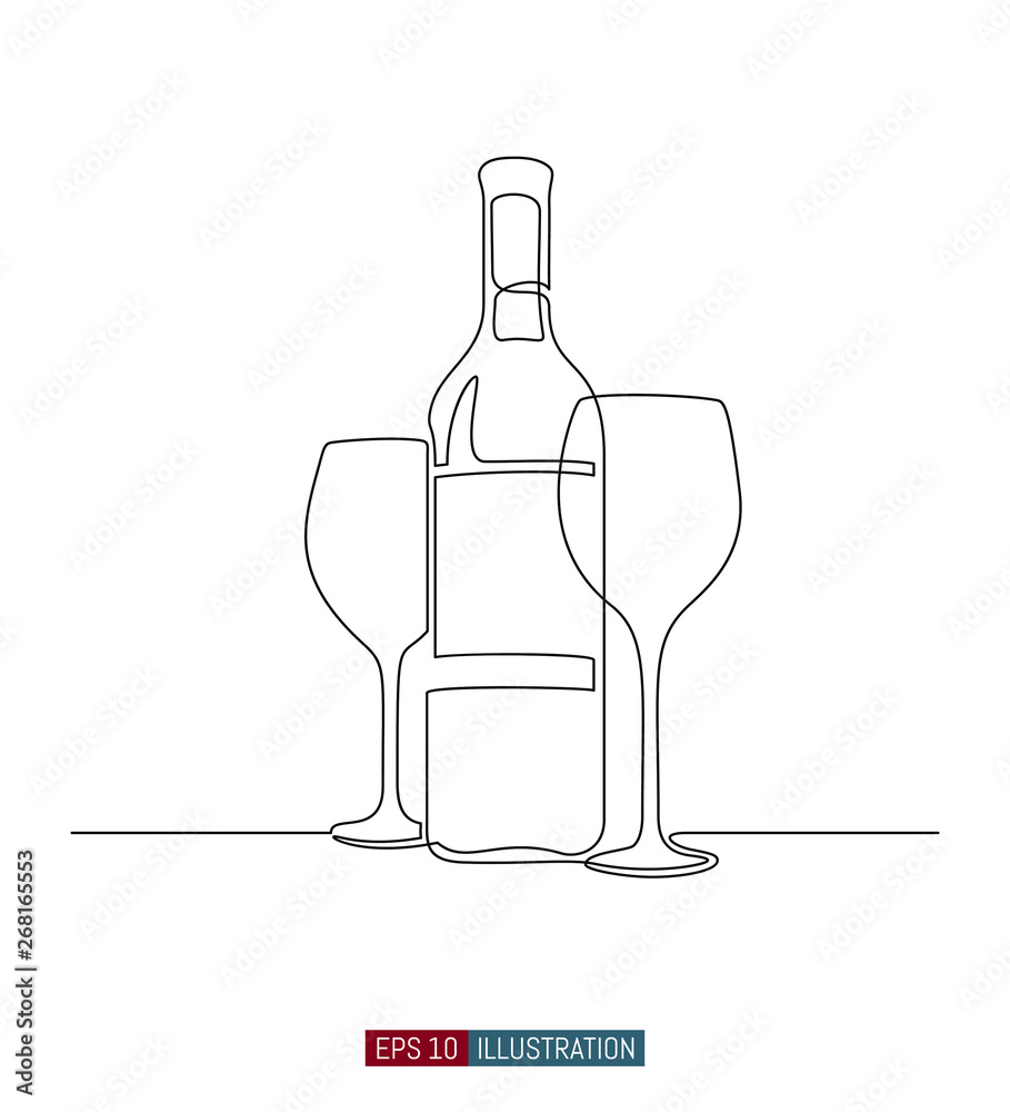 Continuous line drawing of wine bottle and glasses. Template for your ...