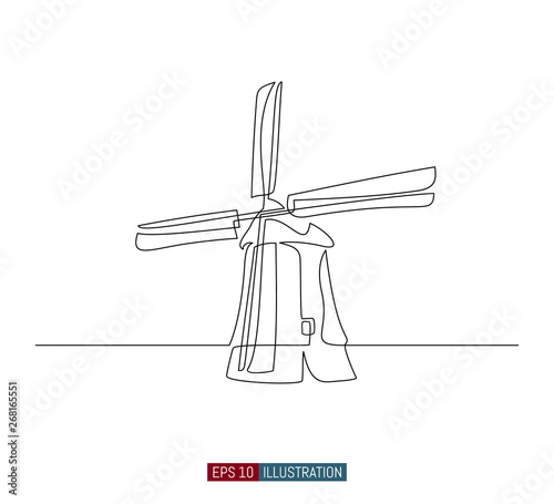 Continuous line drawing of vintage windmill. Template for your design ...