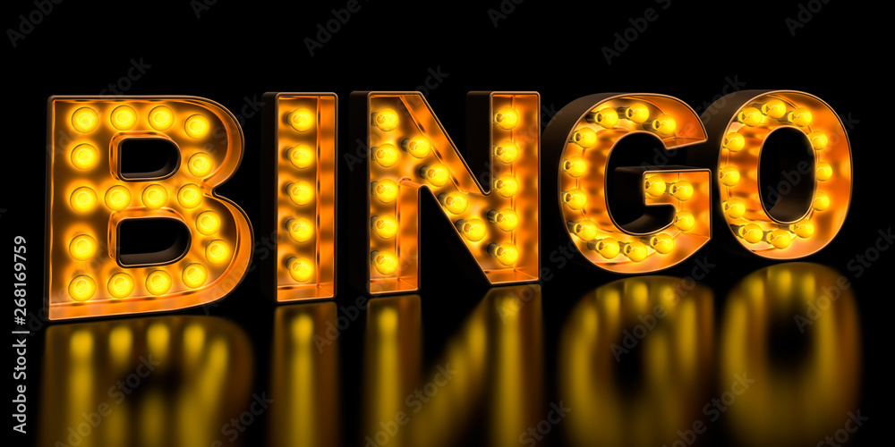 Bingo signboard from golden light bulb letters, retro glowing font. 3D ...