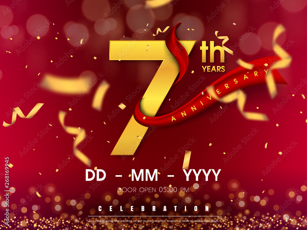 7 years anniversary logo template on gold background. 7th celebrating ...