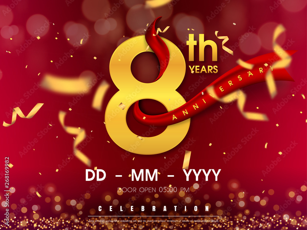 8 years anniversary logo template on gold background. 8th celebrating ...