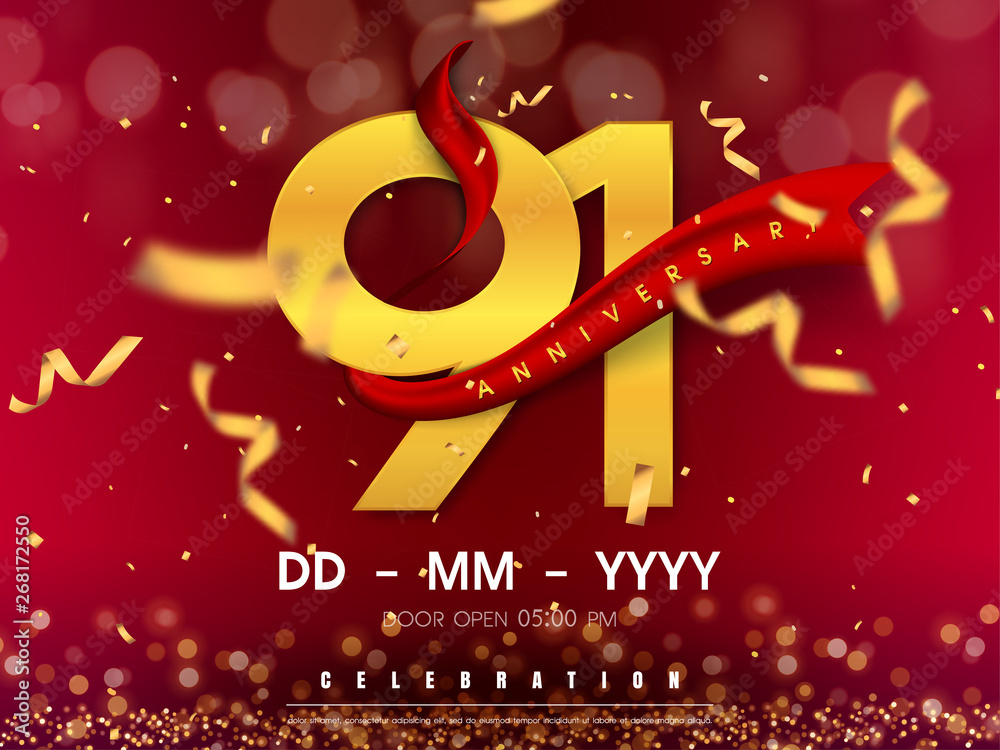 91 years anniversary logo template on gold background. 91st celebrating ...