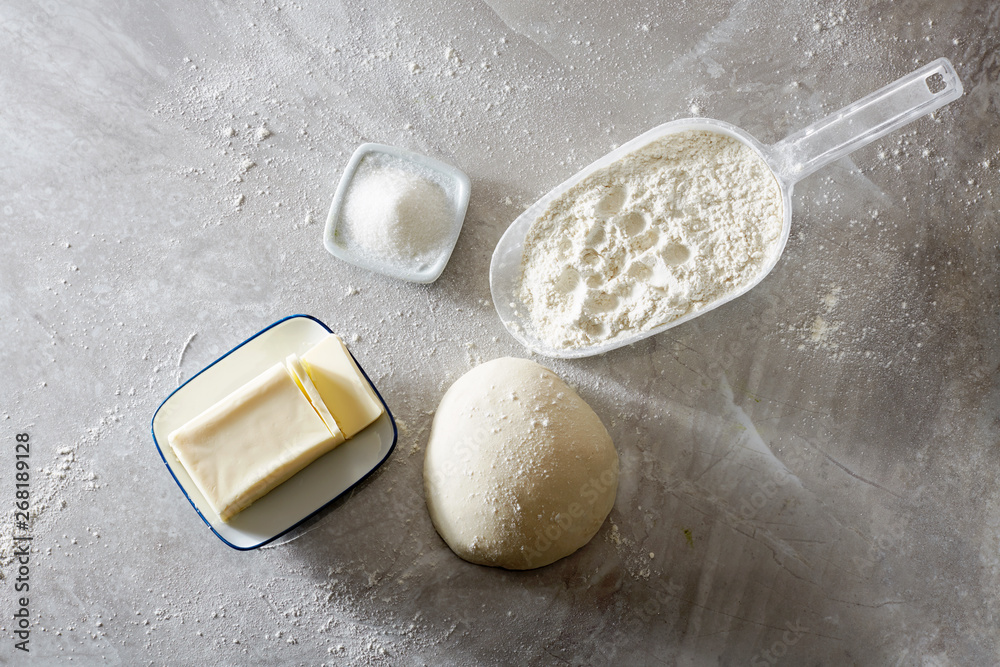 Bread making raw material combinations. On the marble desktop Stock ...