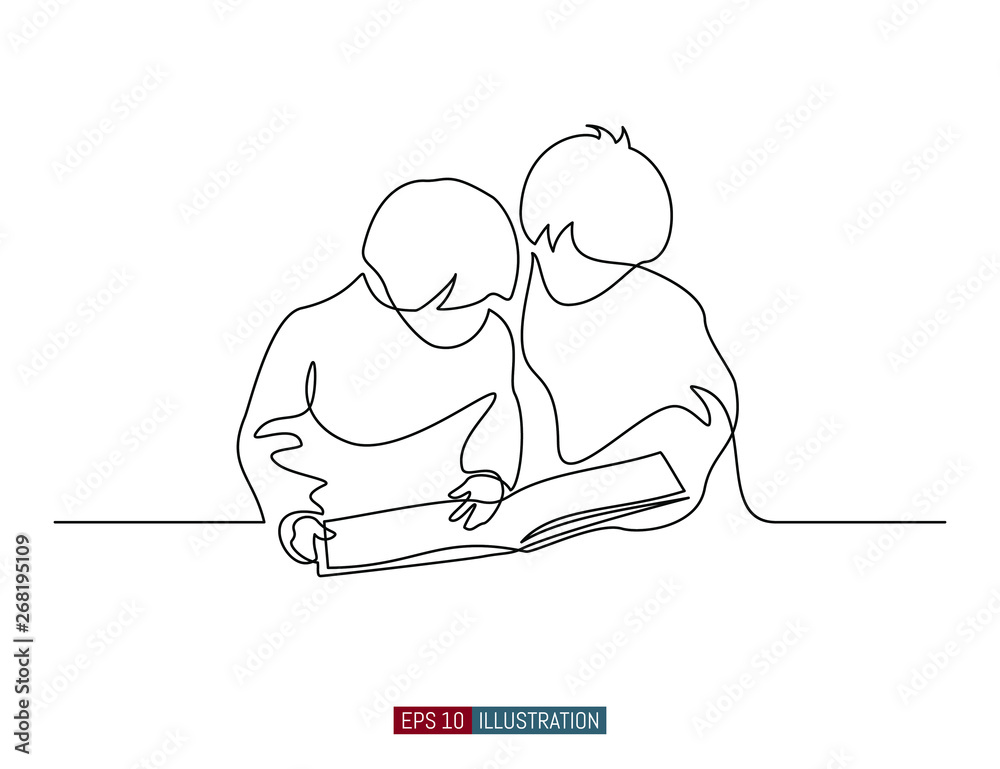 Continuous line drawing of children with book. Template for your design ...
