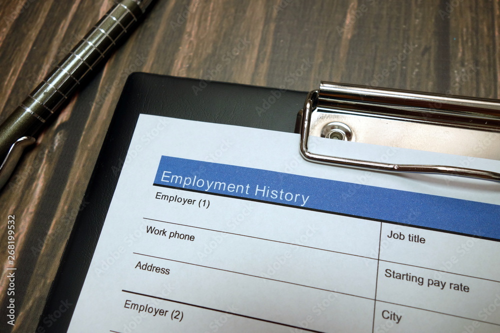 Employment history document, job application form with pen Stock Photo ...