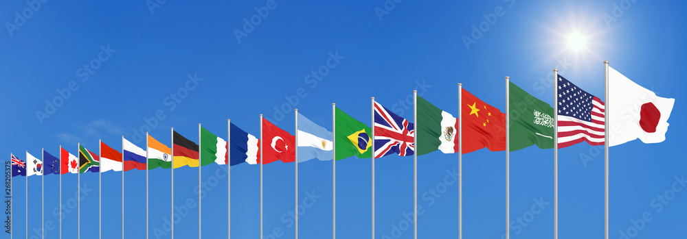 Waving flags countries of members Group of Twenty. Big G20 in Japan in ... Waving flags countries of members Group of Twenty. Big G20 in Japan in ...
