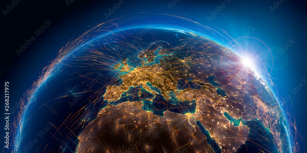 Detailed air routes on Earth. 3D rendering Stock Illustration | Adobe Stock