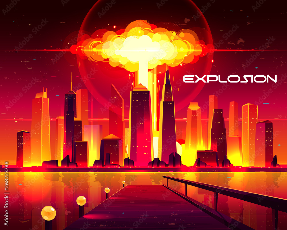 Nuclear explosion in metropolis cartoon vector concept. Fiery mushroom ...