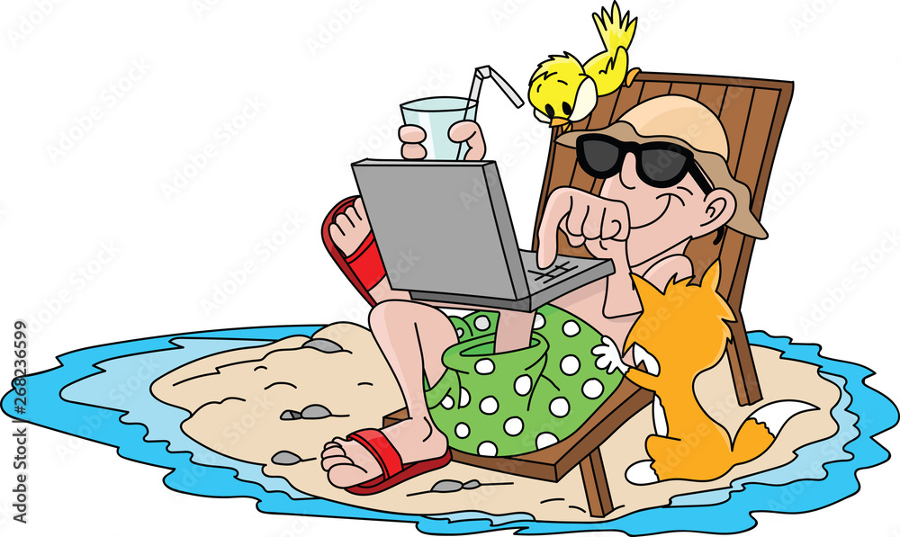 Cartoon man on vacation, lying on beach chair checking his mails with ...