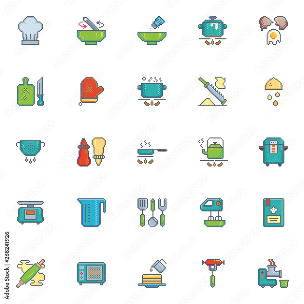 Pixel art icon kitchen utensil vector set. Cooking and kitchen sign for ...