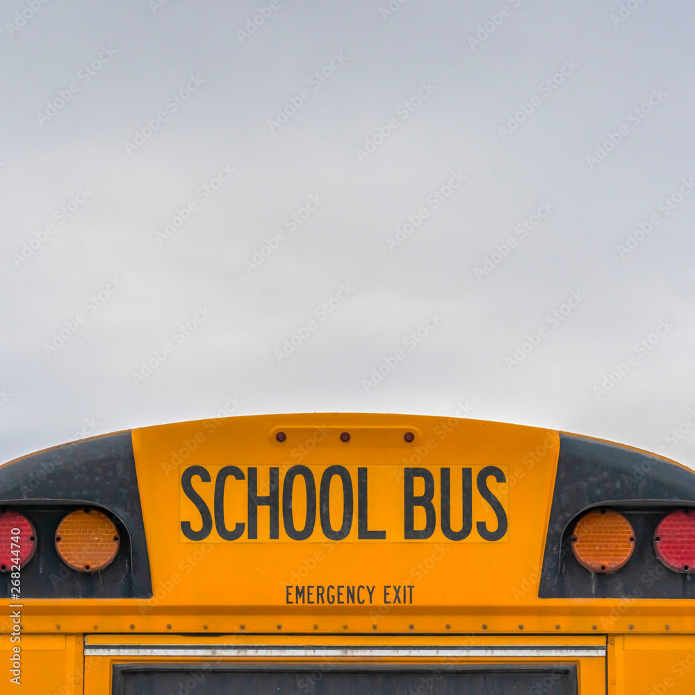 Square Rear of a yellow school bus with signal lights and emergency ...