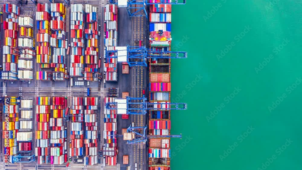 4k, Hyper lapse aerial view container cargo ship loading and unloading ...