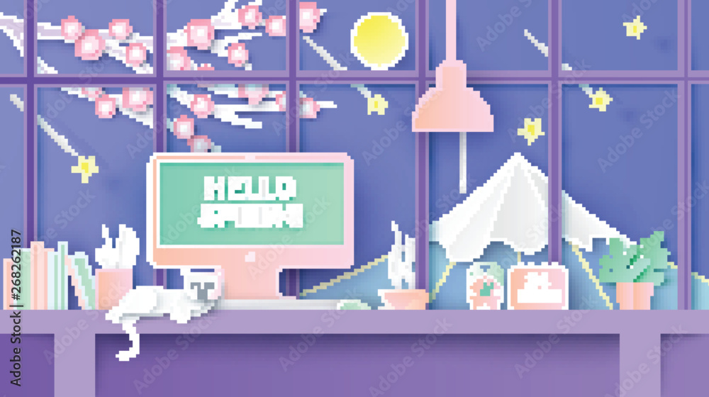 Interior design for desk on Spring with mount Fuji view, cherry blossom ...