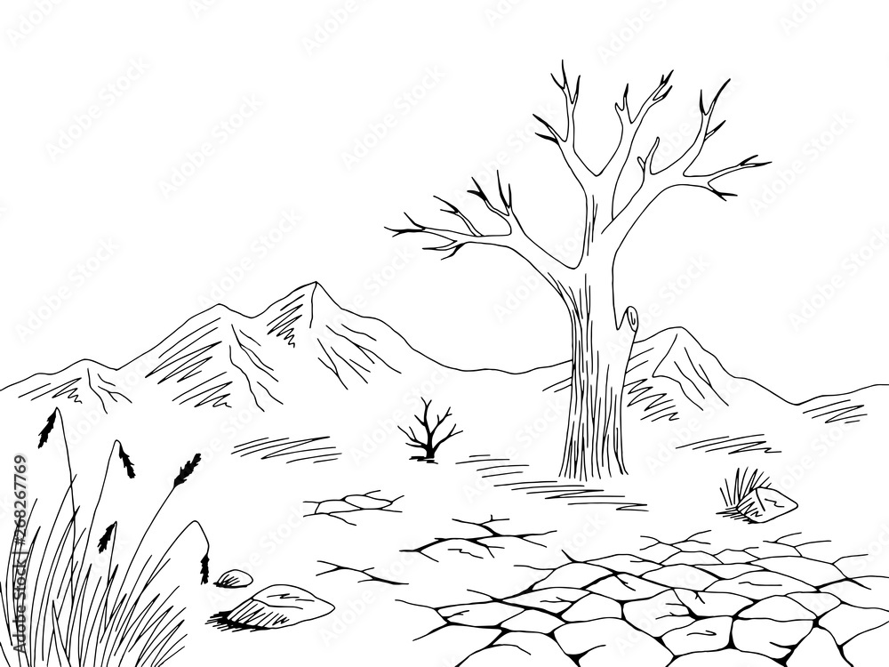 Dry landscape graphic black white desert sketch illustration vector ...