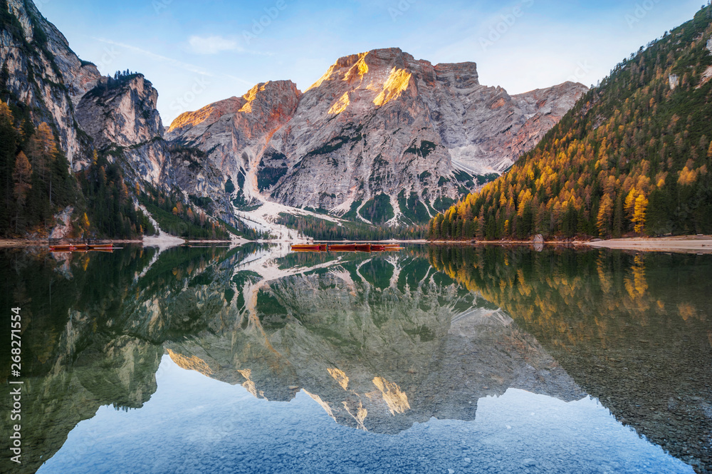 famous italian mountain lake. Lago di Braies, Italy. autumn (summer ...