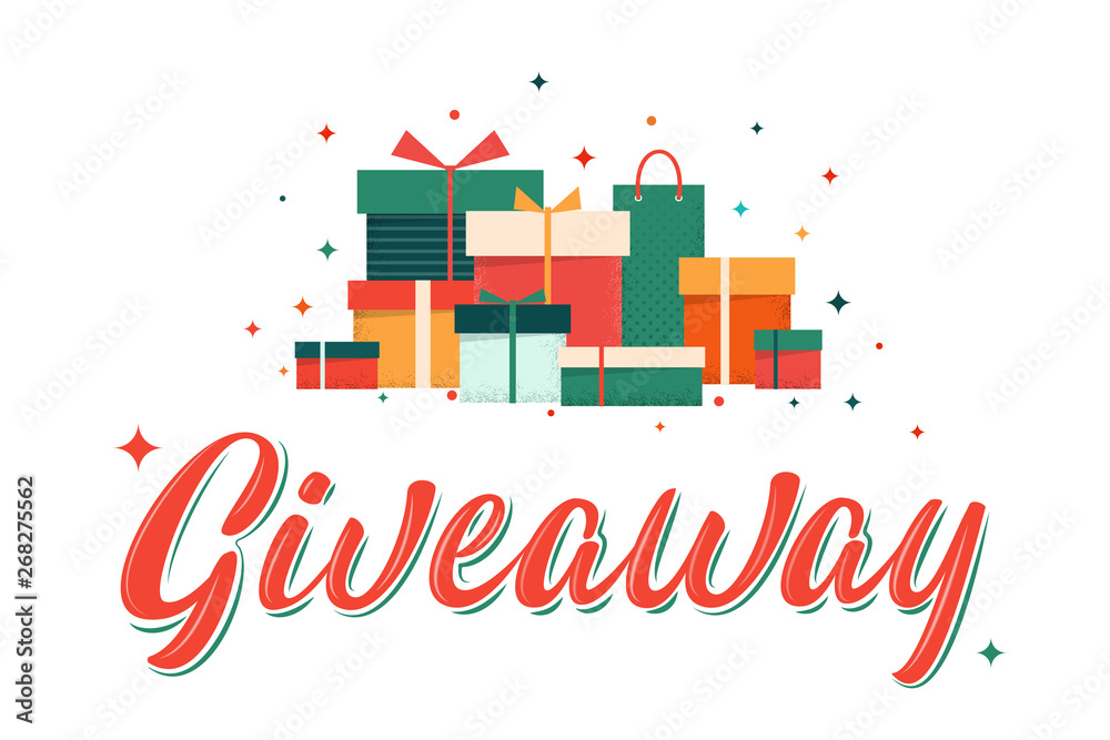 Giveaway lettering sign with gift boxes in coral and turquoise ...