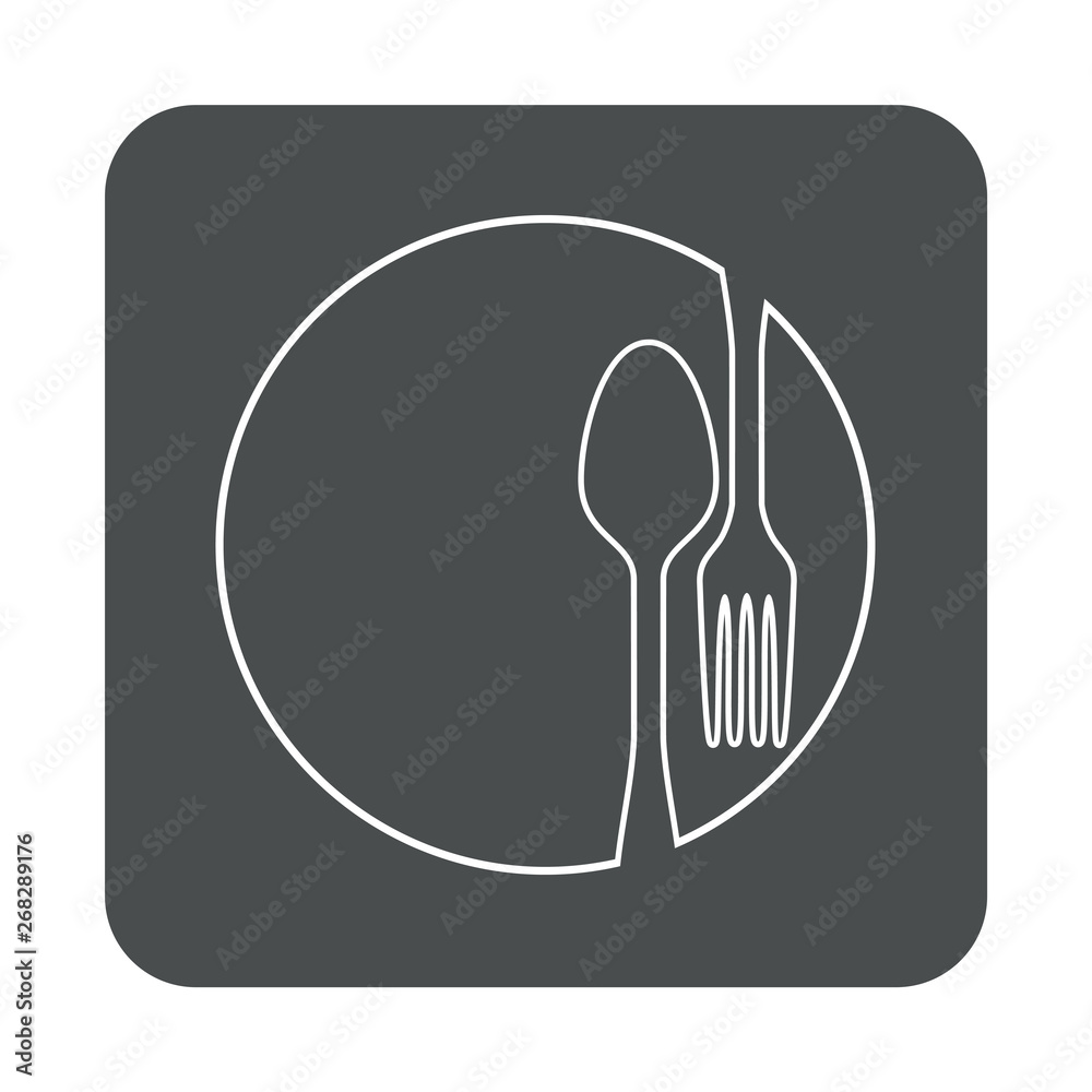 Icono plano lineal cubiertos en círculo en cuadrado color gris ... Icono plano lineal cubiertos en círculo en cuadrado color gris ...