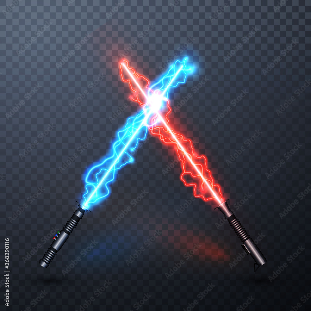Neon electric light swords. Crossed light sabers isolated on ...