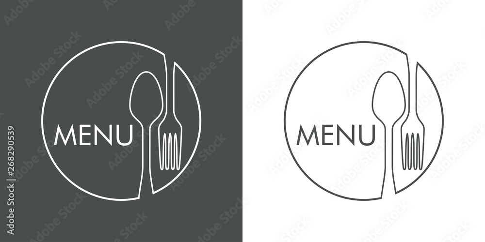 Logotipo con texto MENU con cubiertos en círculo lineal en gris y ...
