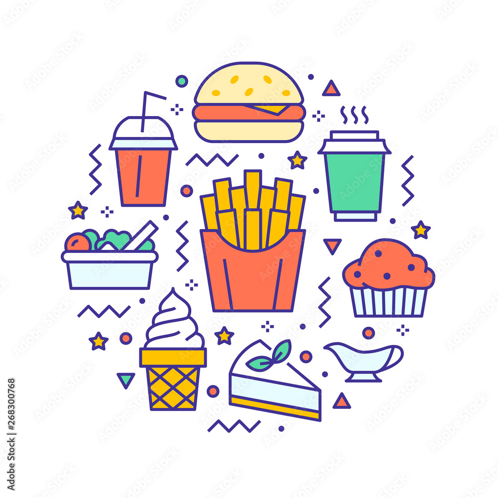 Fast food circle illustration with flat line icons. Thin vector signs ...
