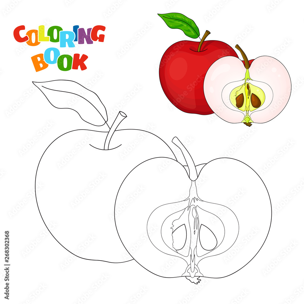 Coloring book page for preschool children with outlines of red apple ...