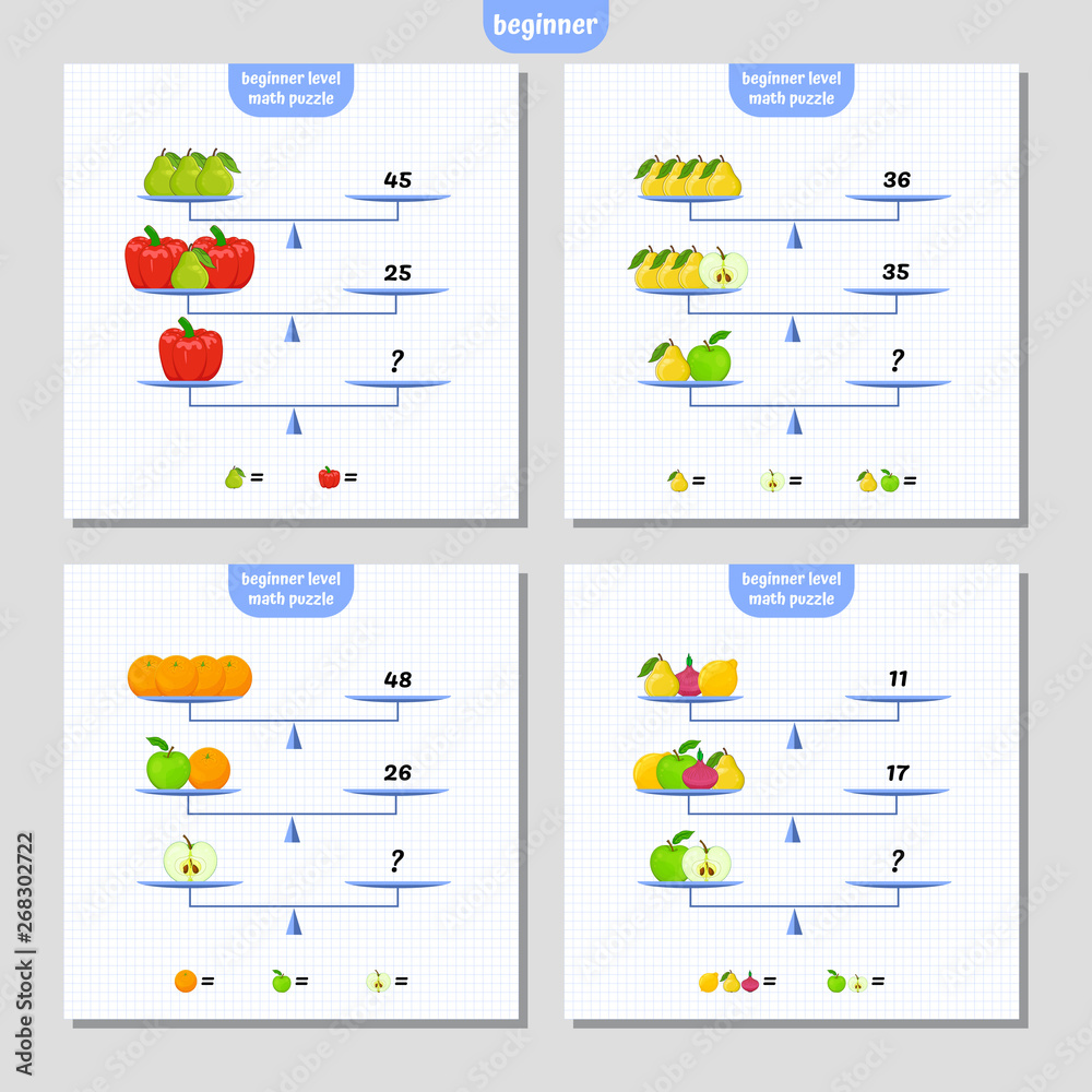 Math, Logic Puzzle Educational Game Set. Beginner level. System of ...