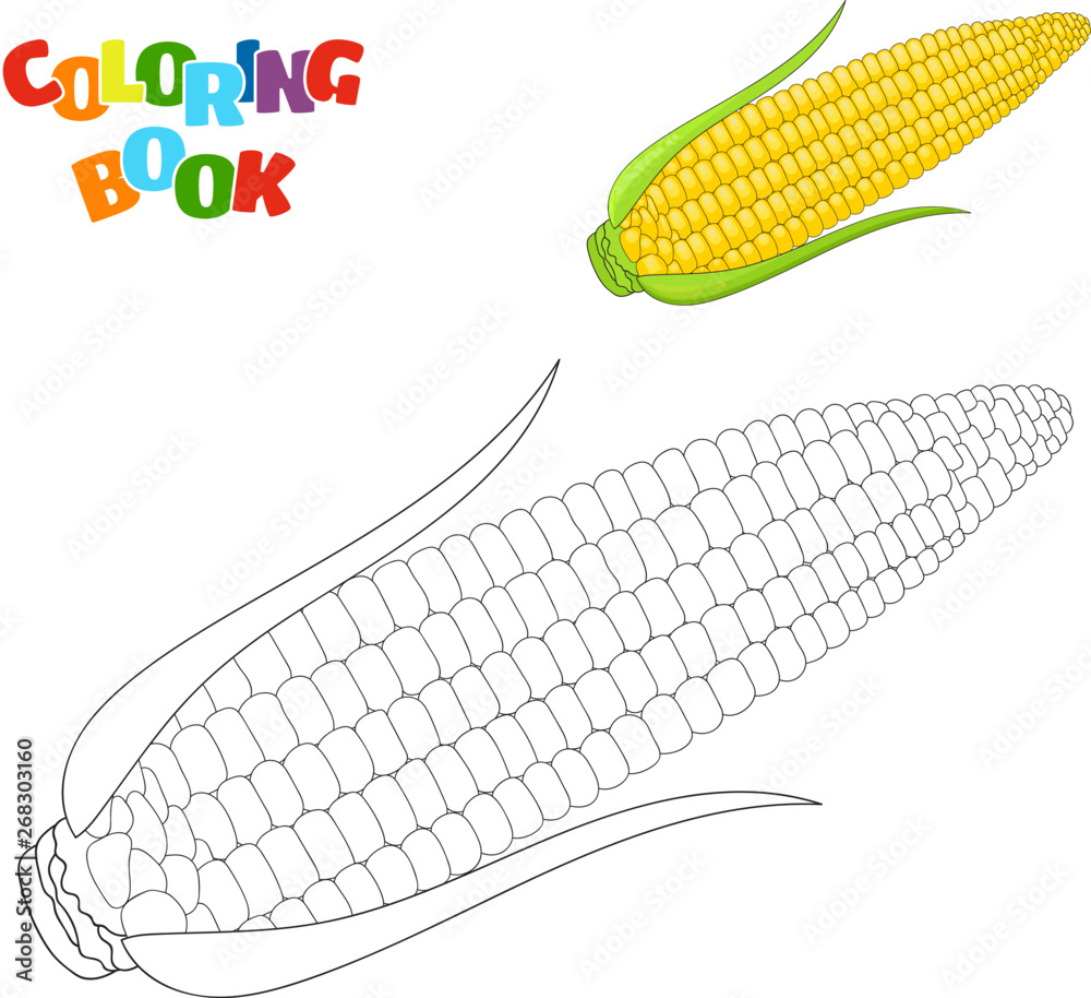 Coloring book page for preschool children with outlines of a corn and a ...