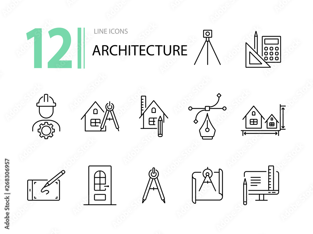 Architecture line icon set. Engineer, ruler, compass, blueprint, house ...