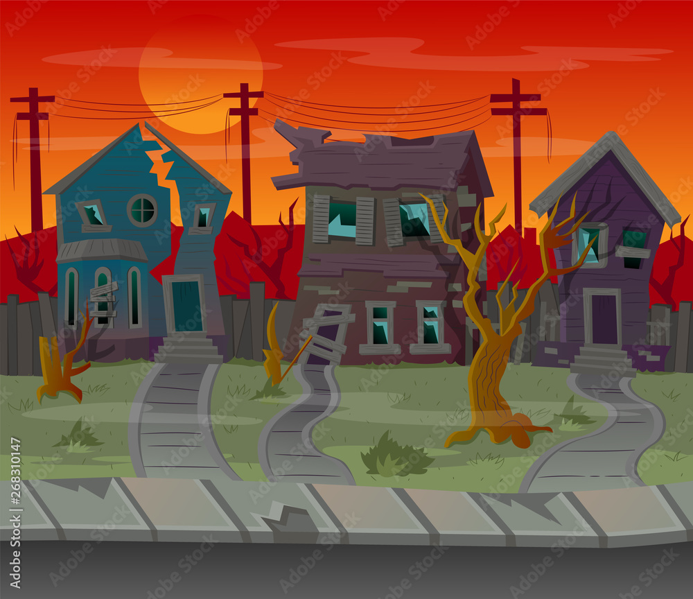 Background for games.Cartoon street with abandoned houses.Vector ...