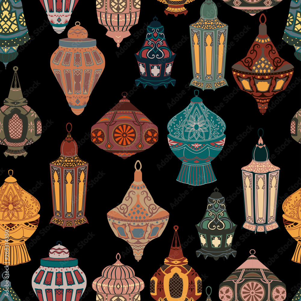 Seamless pattern with Arabic lanterns collection. Traditional oriental ...