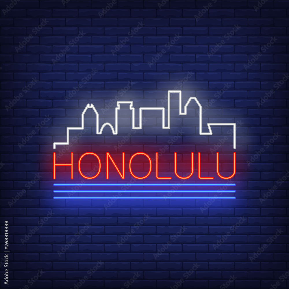 Honolulu neon lettering and city buildings silhouette. Sightseeing ...