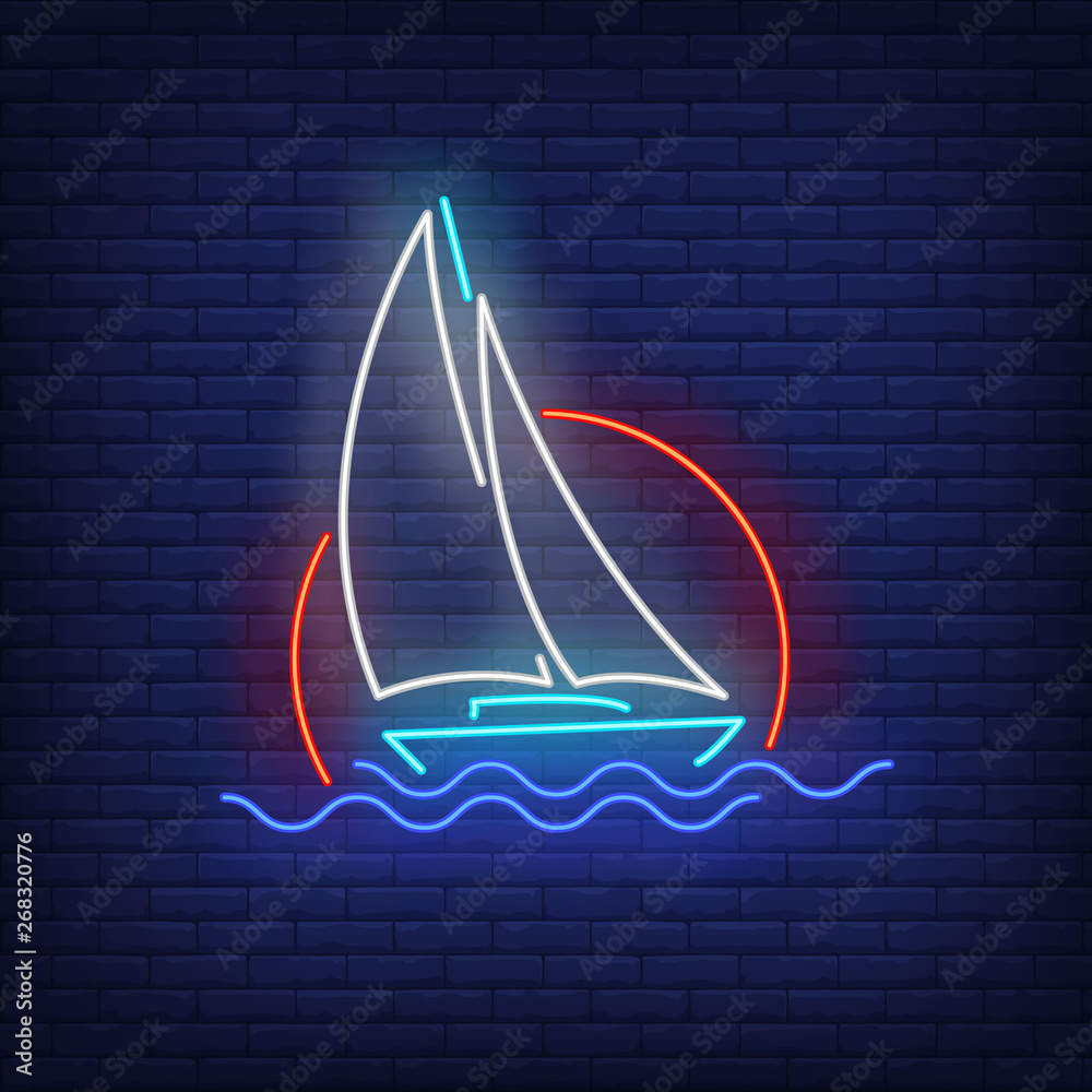 Sailing ship floating in sea neon sign. Vessel, voyage, adventure ...