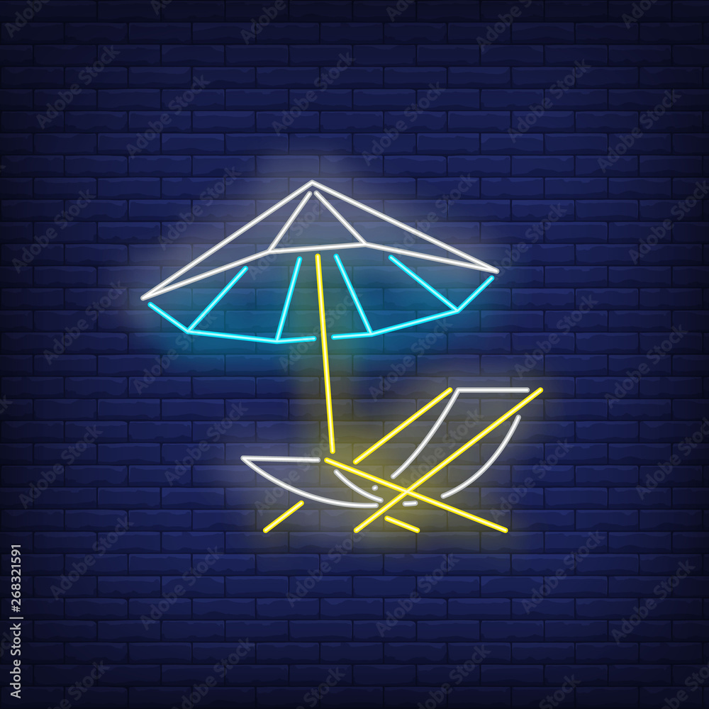 Beach umbrella and chaise longue neon sign. Summer, holiday, vacation ...