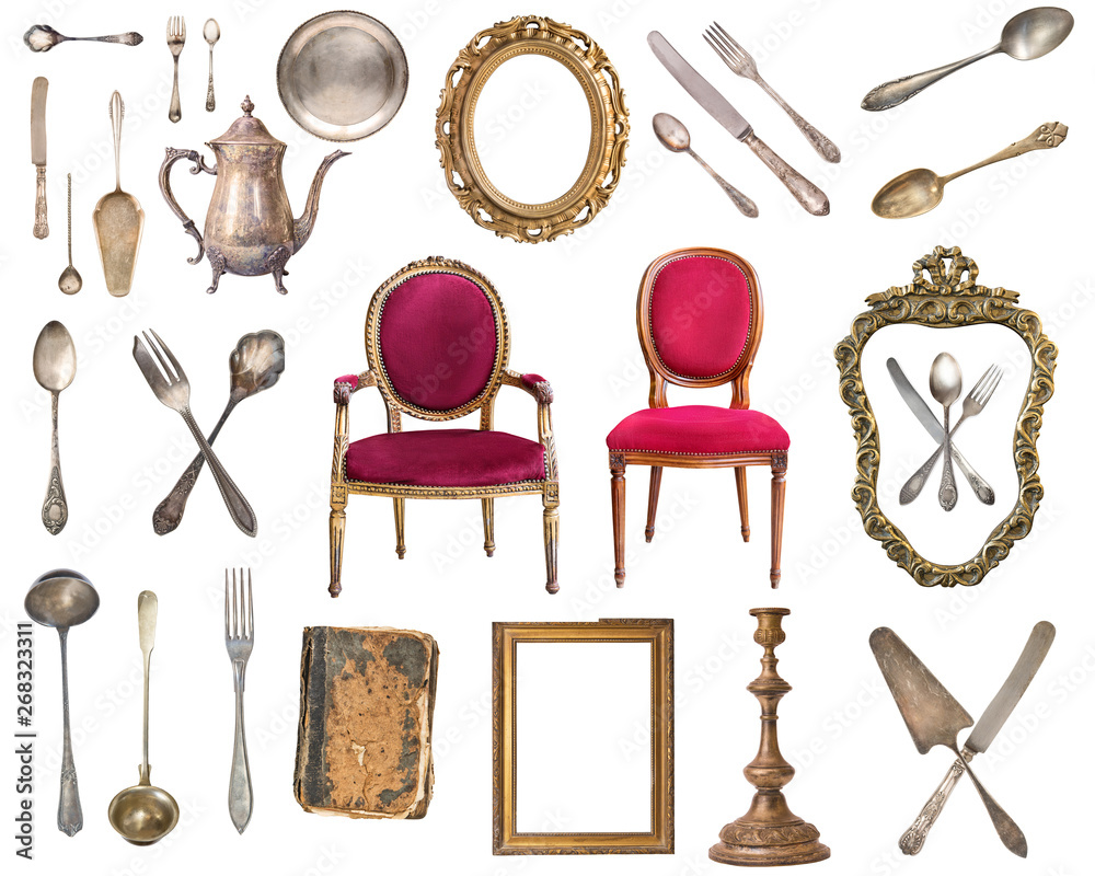 Big set of gorgeous old vintage items isolated on white background ...