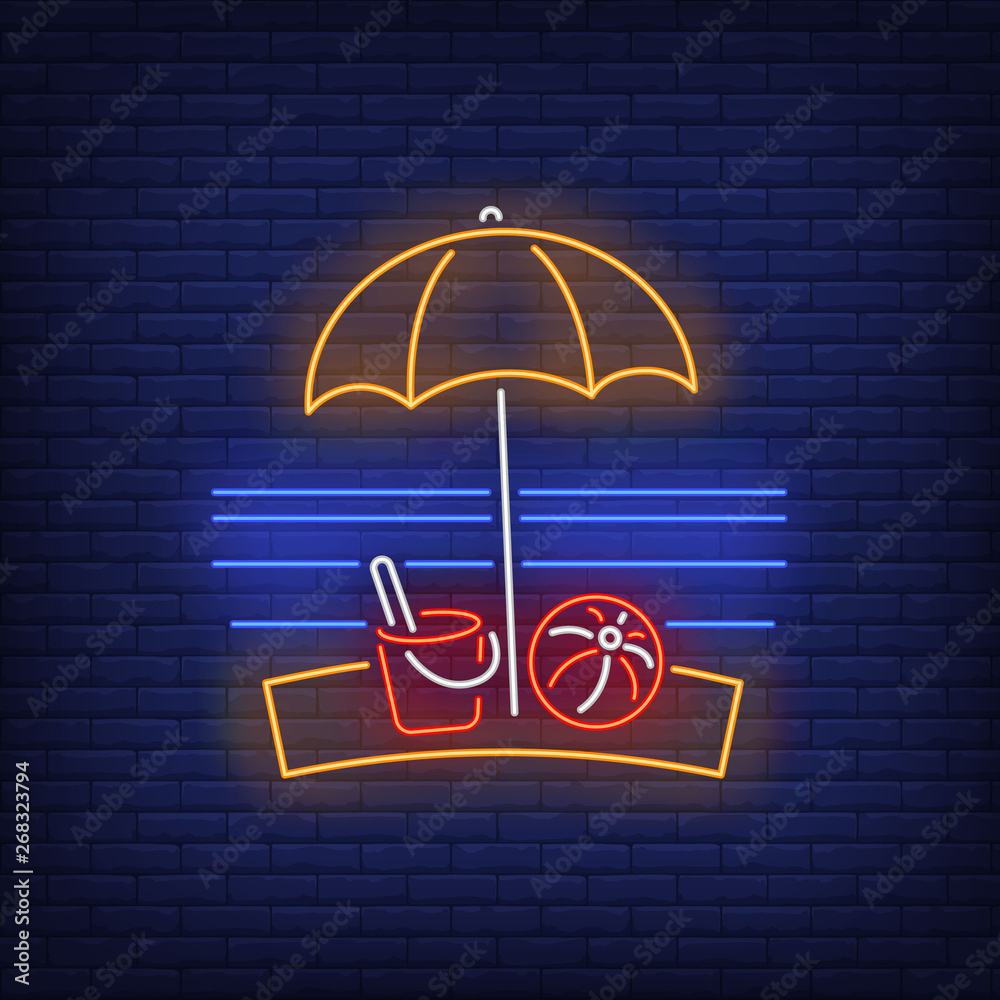 Beach umbrella, ball and toy bucket neon sign. Summer, holiday ...